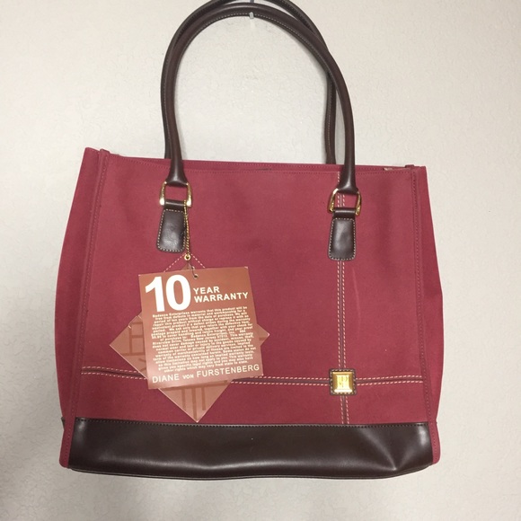 Diane Von Furstenberg | Bags | Dvf Red Canvas Brown Leather ...